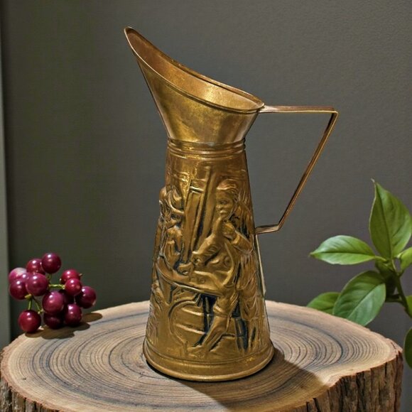 Accents | Vintage Brass Pitcher Embossed English Tavern Pub Scene Made ...